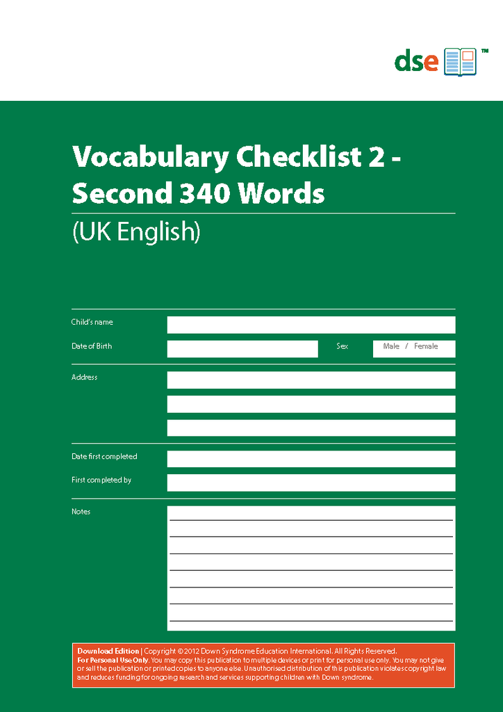 Vocabulary Checklist 2 - Second 340 Words - PDF Edition – DSE Store
